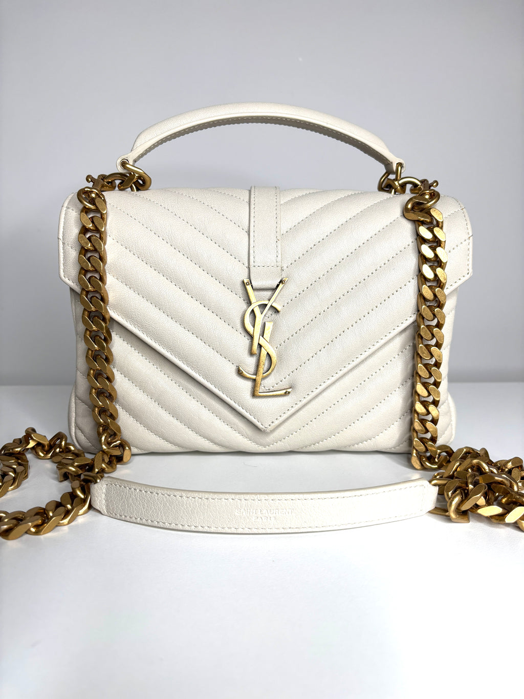 Saint Laurent College Medium Cream Leather Shoulder Bag – High Heel ...