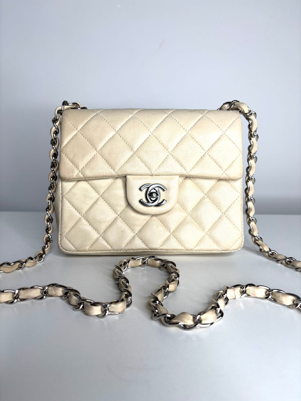 Chanel Mini Flap Square Ivory Lambskin Shoulder Bag - Preloved – High ...